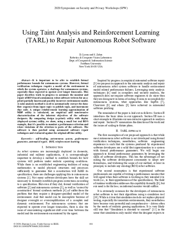 (PDF) Using Taint Analysis and Reinforcement Learning (TARL) to Repair Autonomous Robot Software ...