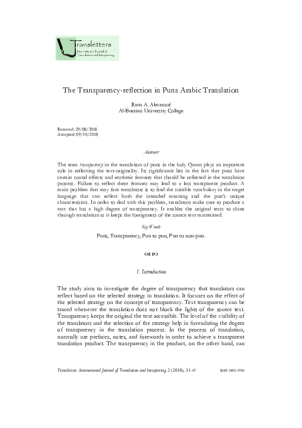 (PDF) The transparency-reflection in puns arabic translation