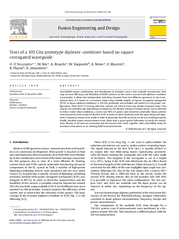 (PDF) Tests of a 105Ghz prototype diplexer–combiner based on square ...