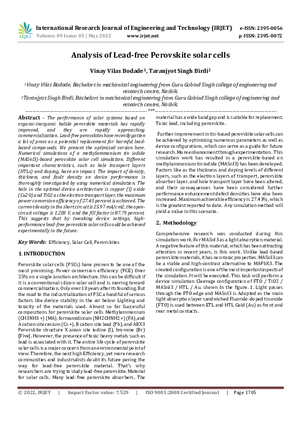 (PDF) Analysis of Lead-free Perovskite solar cells