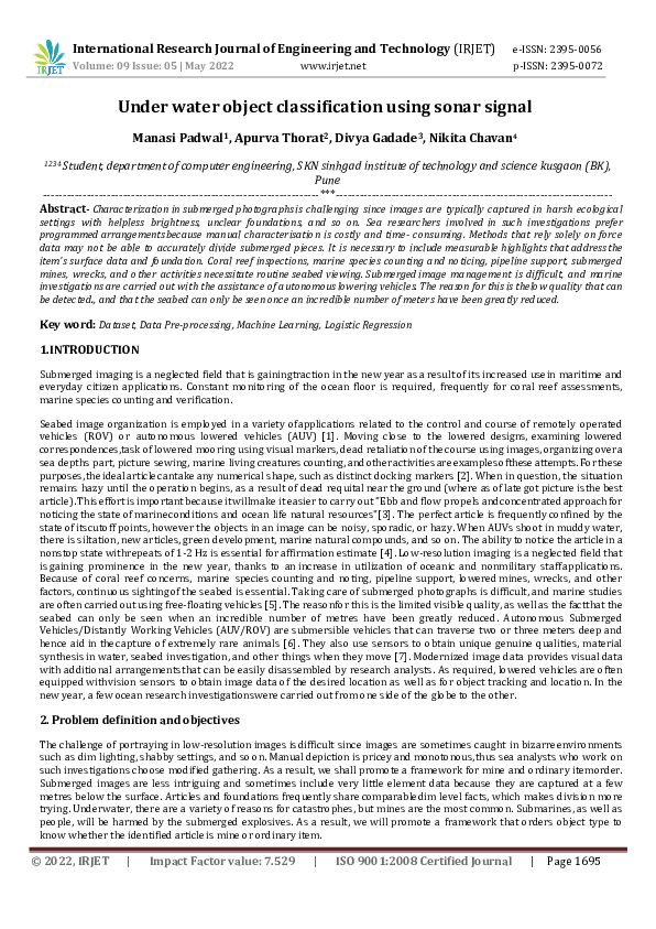 (PDF) Under water object classification using sonar signal | IRJET Journal - Academia.edu