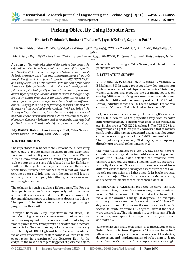 Pdf Picking Object By Using Robotic Arm