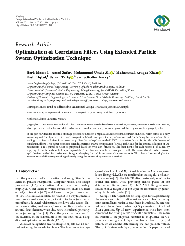 (PDF) Optimization of Correlation Filters Using Extended Particle Swarm ...