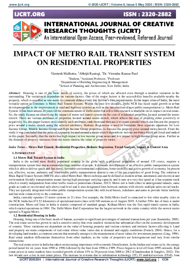 (PDF) Impact of Metro Rail Transit System on Residential Properties