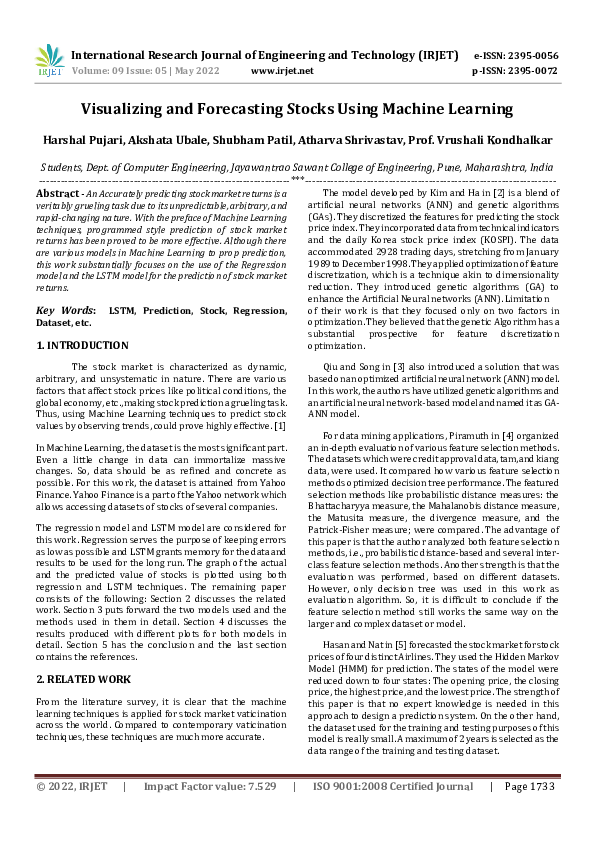 Pdf Visualizing And Forecasting Stocks Using Machine Learning