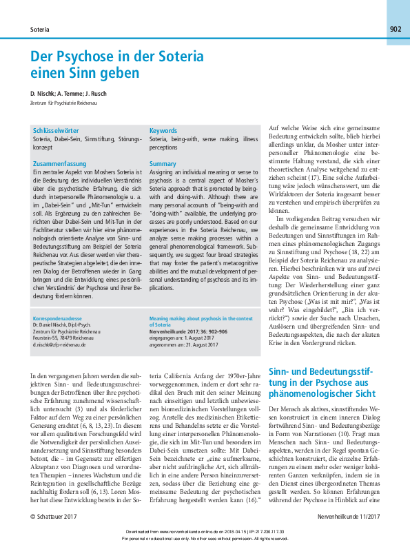 (PDF) Der Psychose in der Soteria einen Sinn geben | daniel nischk - Academia.edu