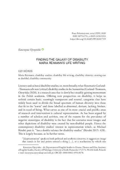 (PDF) Finding the Galaxy of Disability. Maria Reimann’s Life Writing