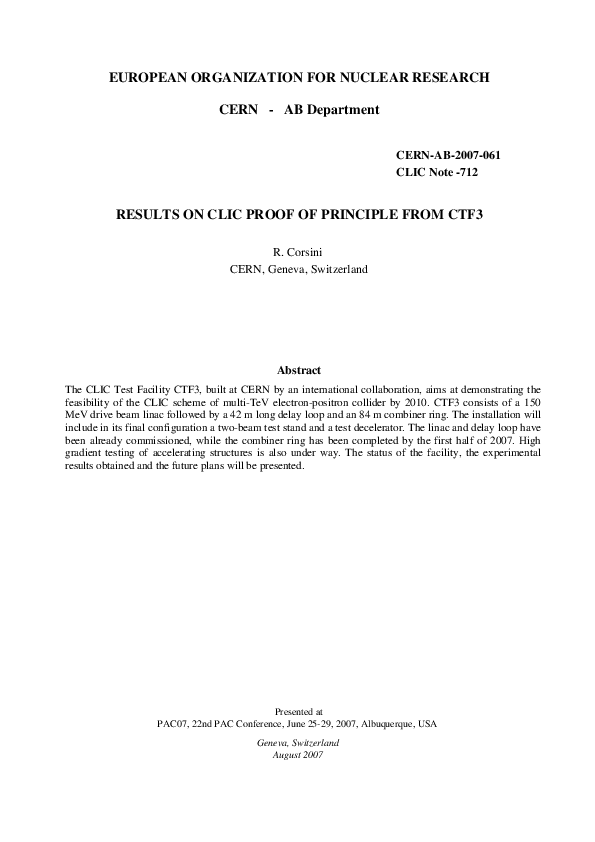 (PDF) Results on CLIC proof of principle from CTF3