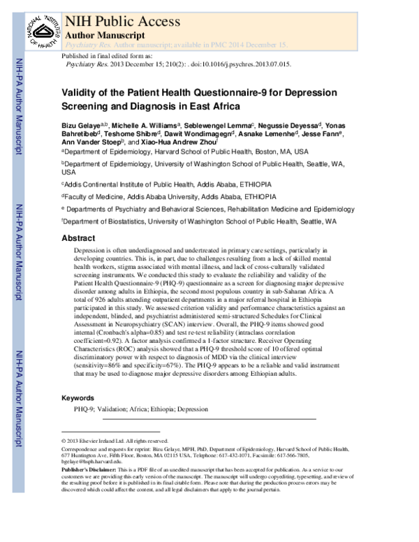 (PDF) Validity of the patient health questionnaire-9 for depression ...