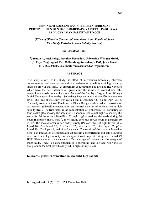(PDF) Pengaruh Konsentrasi Giberelin Terhadap Pertumbuhan Dan Hasil Beberapa Varietas Padi Sawah ...