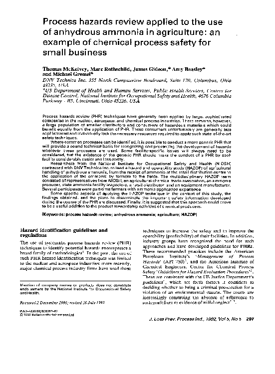 Process hazards review applied to the use of anhydrous ammonia in ...