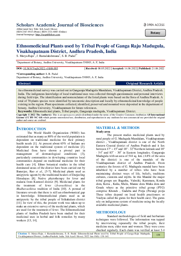(PDF) Ethnomedicinal Plants used by Tribal People of Ganga Raju Madugula, Visakhapatnam District ...