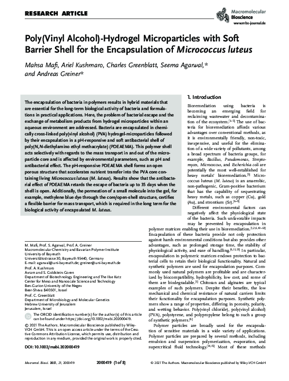 (PDF) Poly(Vinyl Alcohol)‐Hydrogel Microparticles with Soft Barrier ...