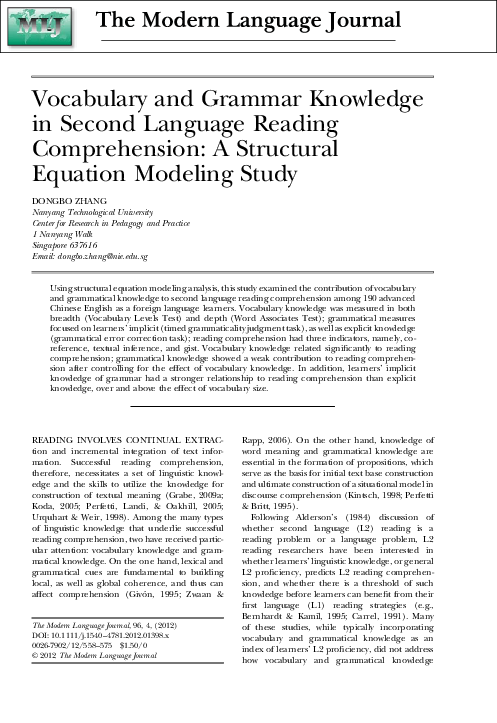 (PDF) Vocabulary and Grammar Knowledge in Second Language Reading ...