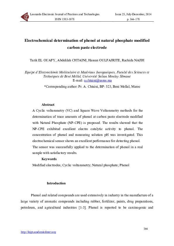 Pdf Electrochemical Determination Of Phenol At Natural Phosphate Modified Carbon Paste Electrode