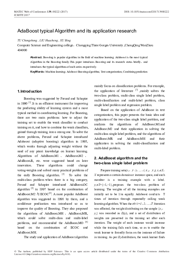Pdf Adaboost Typical Algorithm And Its Application Research