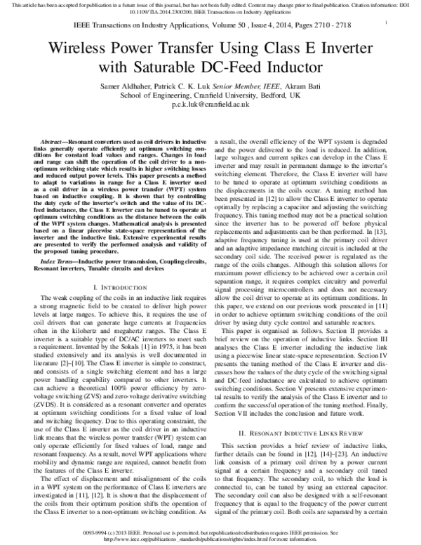 (PDF) Wireless Power Transfer Using Class E Inverter With Saturable DC-Feed Inductor