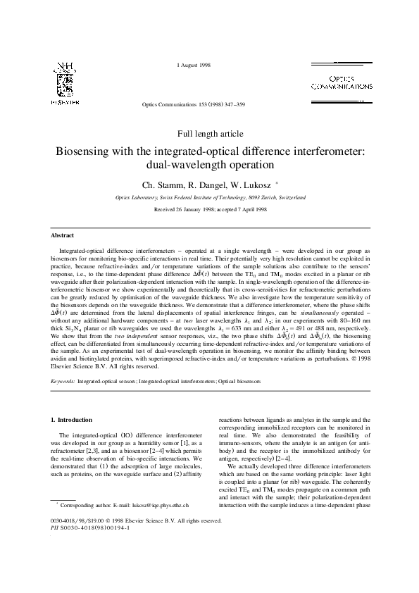 (PDF) Biosensing with the integrated-optical difference interferometer: dual-wavelength operation