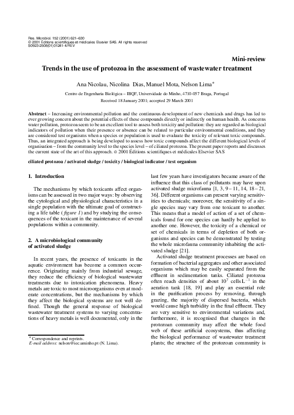 (PDF) Trends in the use of protozoa in the assessment of wastewater treatment | Nicolina Dias ...