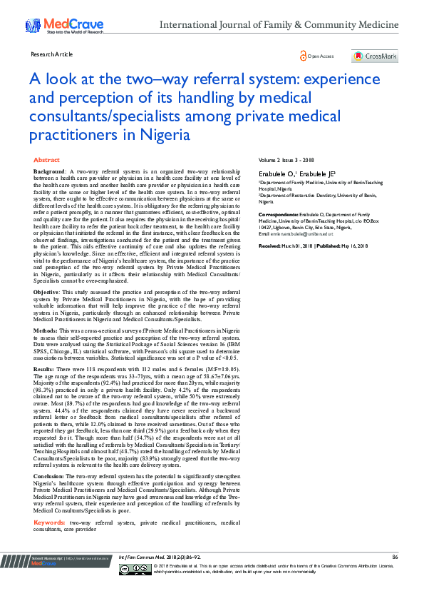 (PDF) A look at the two–way referral system: experience and perception ...