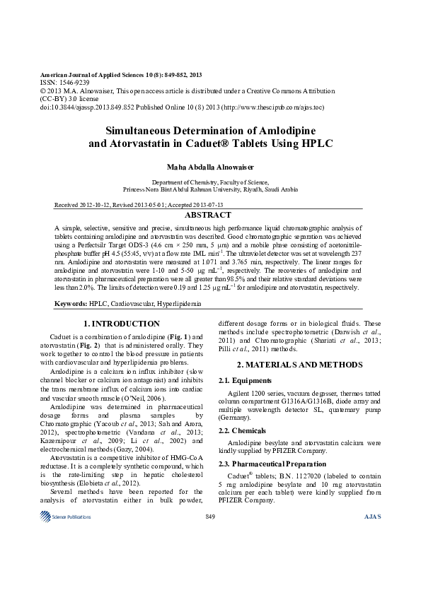 (PDF) Simultaneous Determination of Amlodipine and Atorvastatin in Caduetâ® Tablets Using HPLC