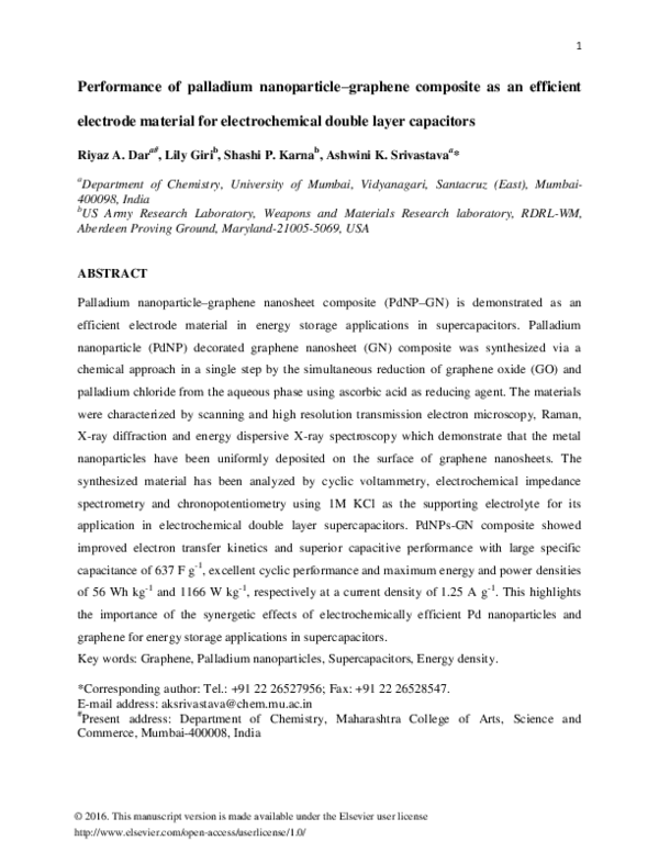 (PDF) Performance of palladium nanoparticle–graphene composite as an efficient electrode ...