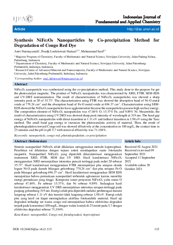 (PDF) Synthesis NiFe2O4 Nanoparticles by co-Precipitation Method for ...