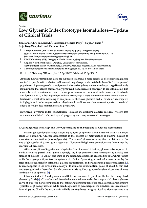 (PDF) Low Glycemic Index Prototype Isomaltulose—Update of Clinical Trials