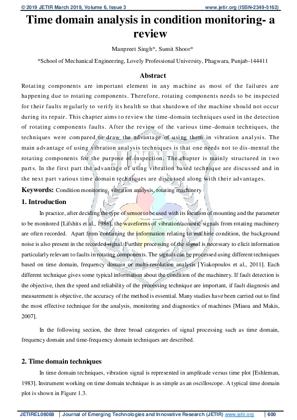 Pdf Time Domain Analysis In Condition Monitoring A Review
