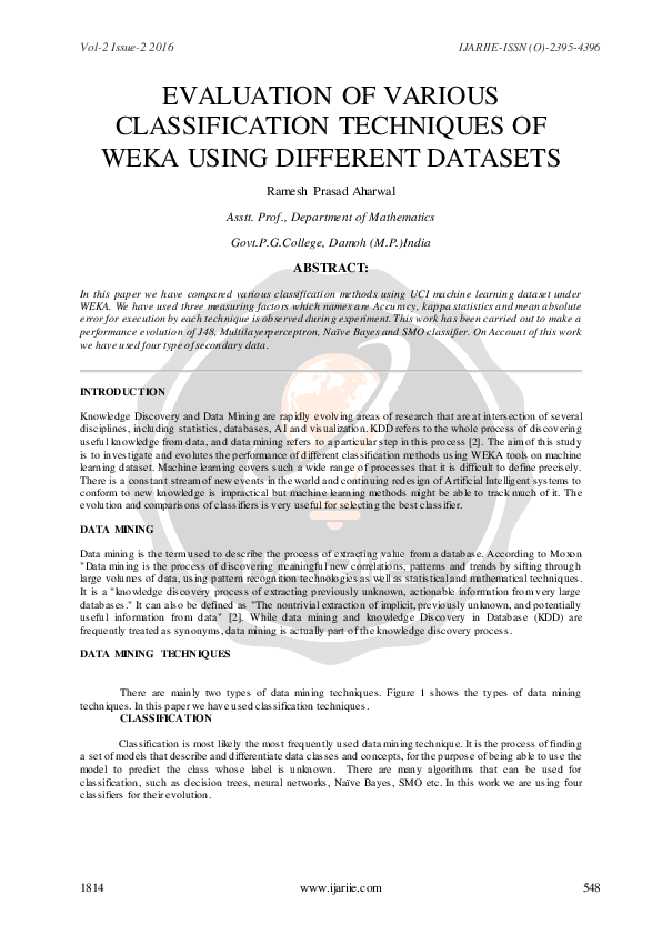 (PDF) Evaluation of Various Classification Techniques of Weka Using Different Datasets | Dr ...