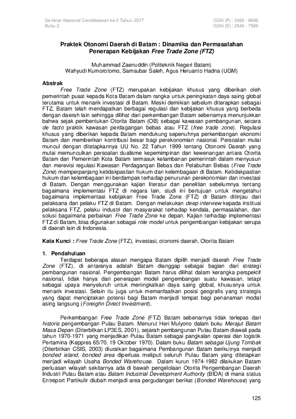 (PDF) Praktek Otonomi Daerah di Batam : Dinamika dan Permasalahan Penerapan Kebijakan Free Trade ...