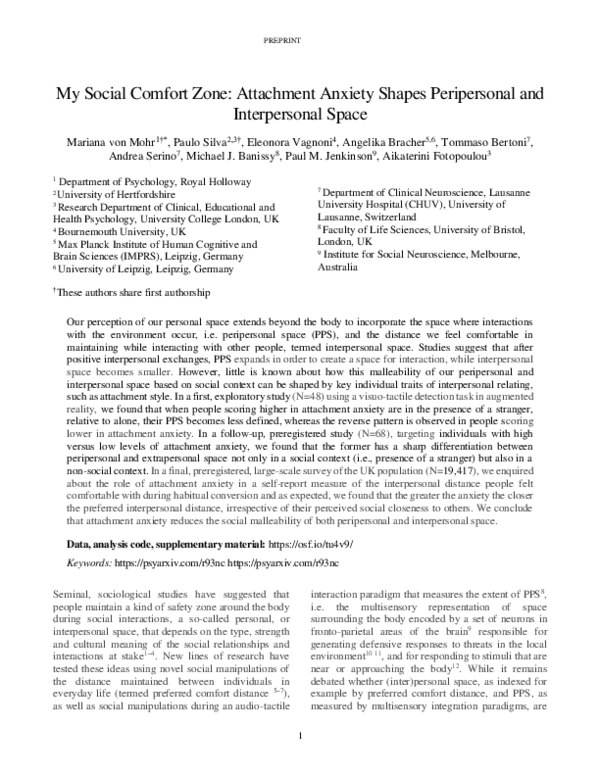 (PDF) My Social Comfort Zone: Attachment Anxiety Shapes Peripersonal ...
