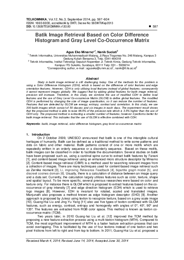 (PDF) Batik Image Retrieval Based on Color Difference Histogram and Gray Level Co-Occurrence Matrix