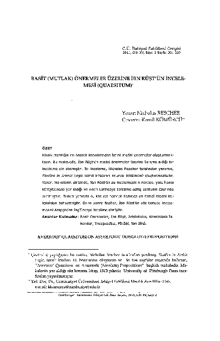 (PDF) BASİT (MUTLAK) ÖNERMELER ÜZERİNE İBN RÜŞT'ÜN İNCELEMESİ (QUAESITUM)