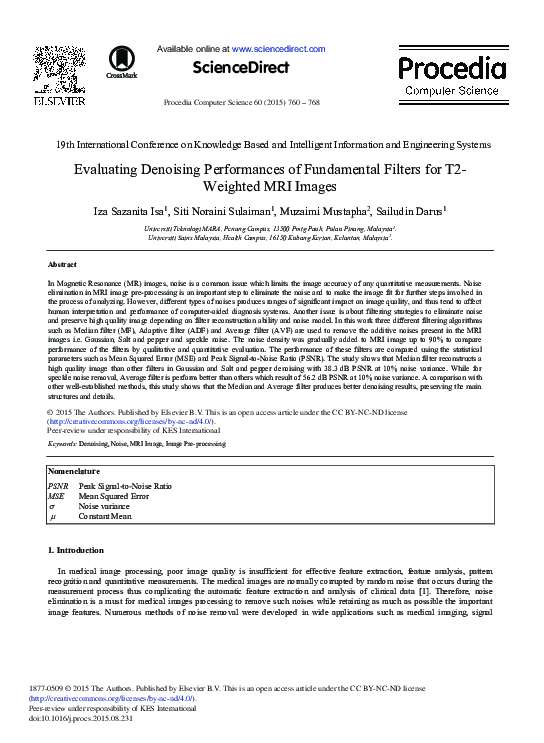 (PDF) Evaluating Denoising Performances of Fundamental Filters for T2-Weighted MRI Images