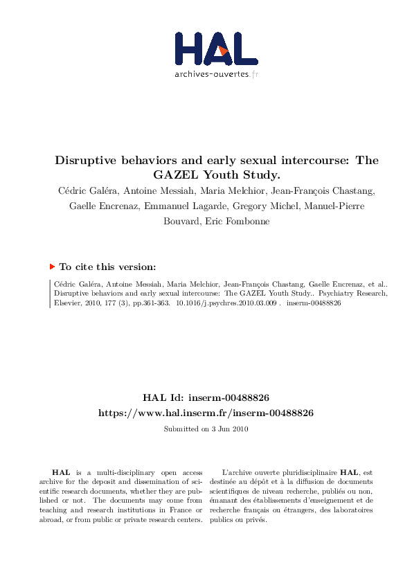 (PDF) Disruptive behaviors and early sexual intercourse: The GAZEL Youth Study