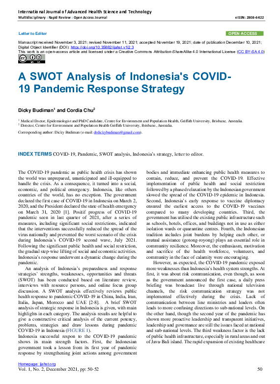 (PDF) A SWOT Analysis of Indonesia's COVID-19 Pandemic Response Strategy