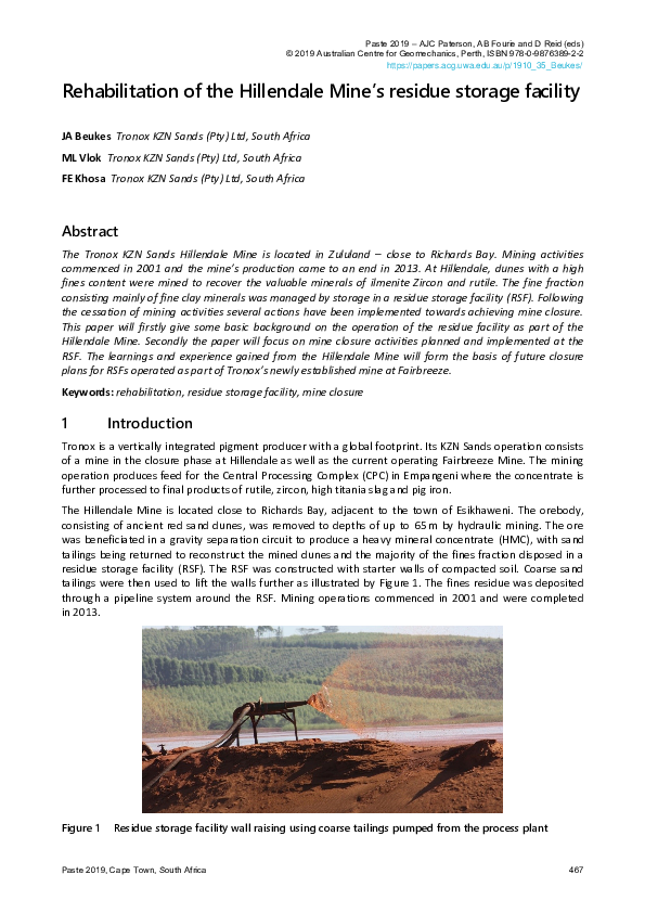 (PDF) Rehabilitation of the Hillendale Mine’s residue storage facility