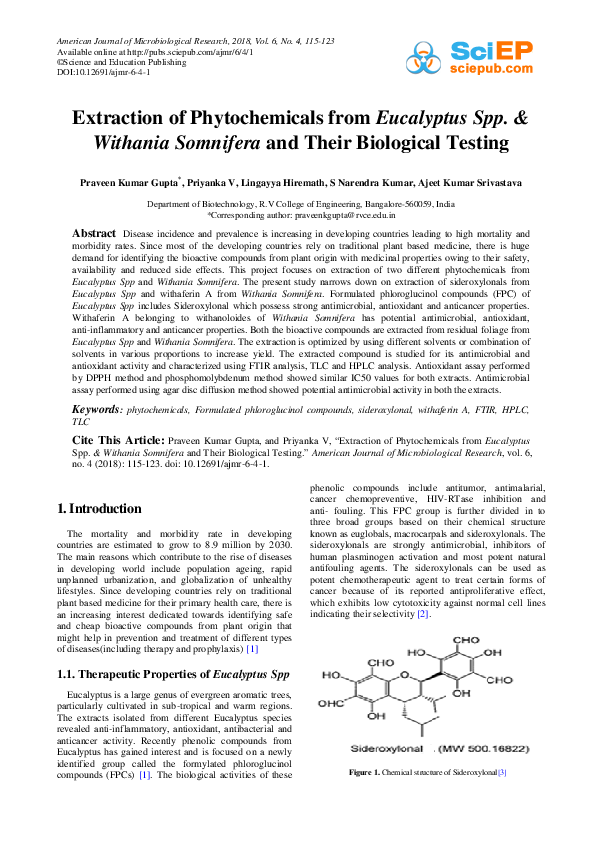 (PDF) Extraction of Phytochemicals from Eucalyptus Spp. & Withania Somnifera and Their ...