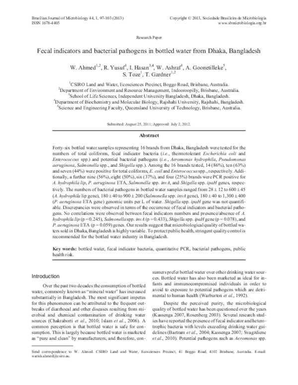 (PDF) Fecal indicators and bacterial pathogens in bottled water from ...