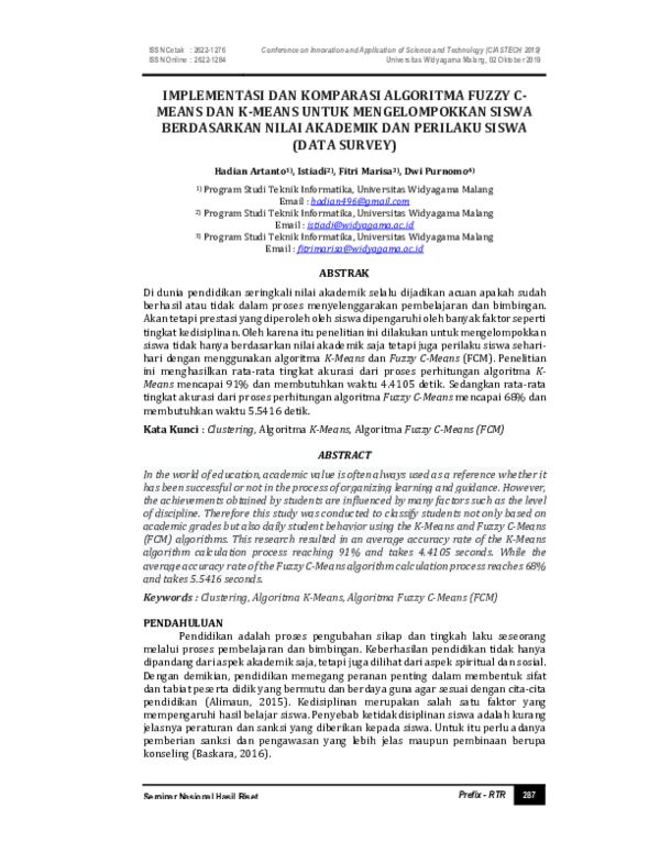 (PDF) Implementasi Dan Komparasi Algoritma Fuzzy C-Means Dan K-Means Untuk Mengelompokkan Siswa ...