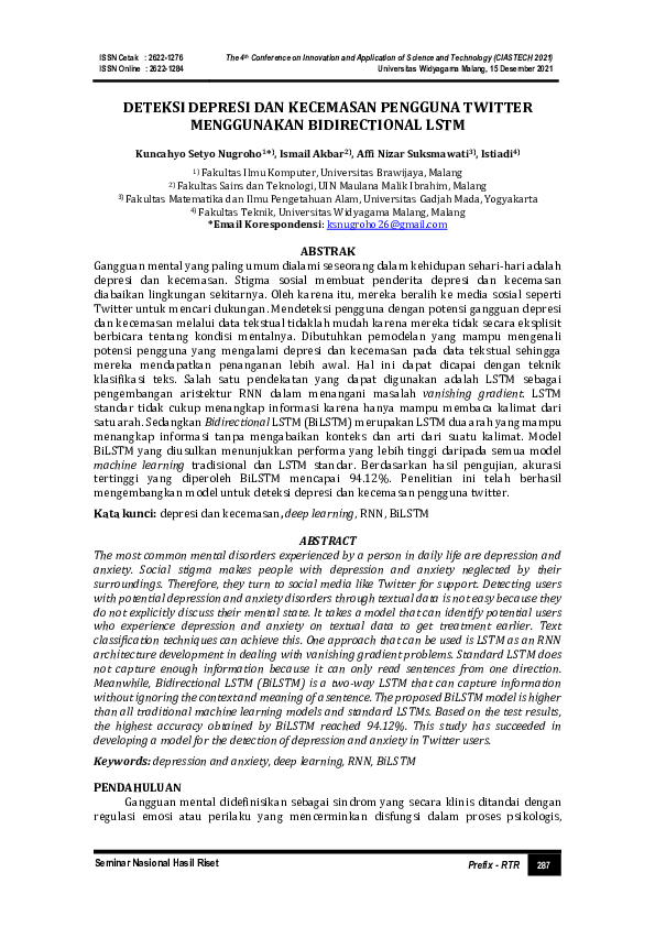 (PDF) Deteksi Depresi Dan Kecemasan Pengguna Twitter Menggunakan Bidirectional LSTM