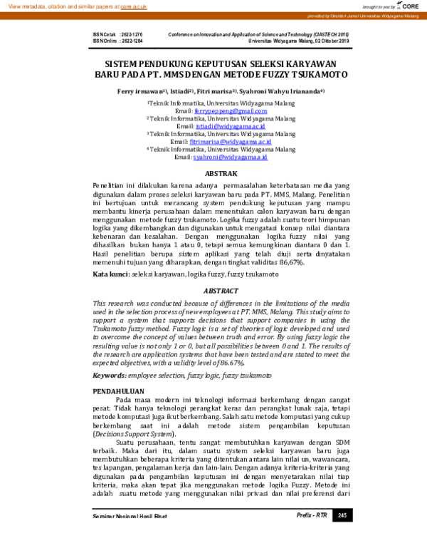 (PDF) Sistem Pendukung Keputusan Seleksi Karyawan Baru Pada Pt. MMS Dengan Metode Fuzzy Tsukamoto