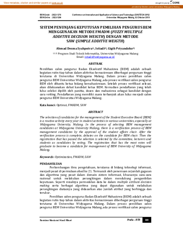 (PDF) Sistem Penunjang Keputusan Pemilihan Pengurus Bem Menggunakan Metode Fmadm (Fuzzy Multiple ...