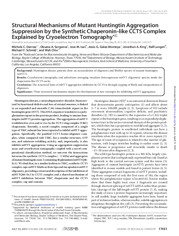 (PDF) Structural Mechanisms of Mutant Huntingtin Aggregation Suppression by Synthetic Chaperonin ...