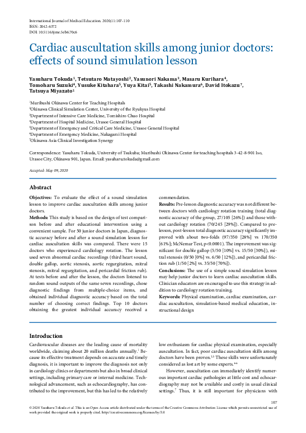 (PDF) Cardiac auscultation skills among junior doctors: effects of sound simulation lesson