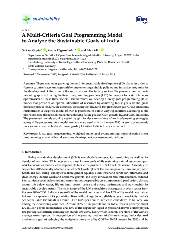 (PDF) A Multi-Criteria Goal Programming Model to Analyze the Sustainable Goals of India