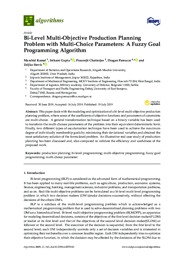(PDF) Bi-Level Multi-Objective Production Planning Problem with Multi-Choice Parameters: A Fuzzy ...
