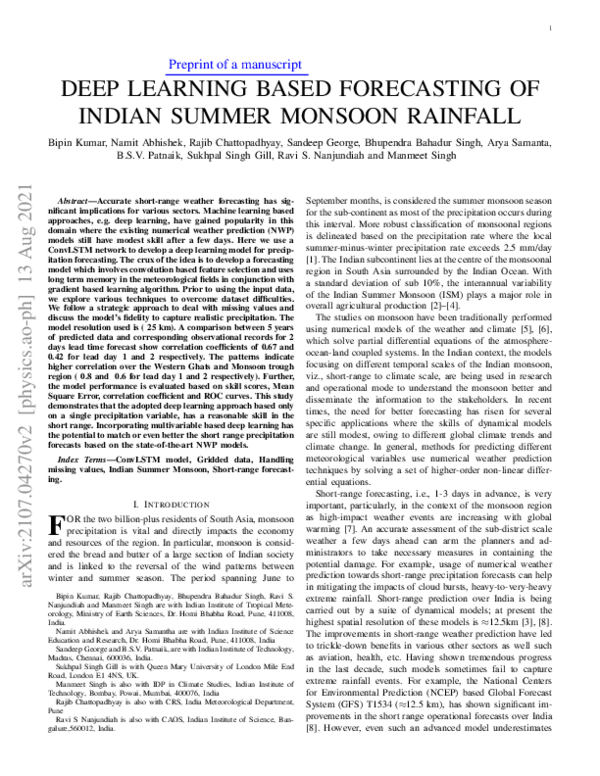 (PDF) Deep Learning Based Forecasting of Indian Summer Monsoon Rainfall