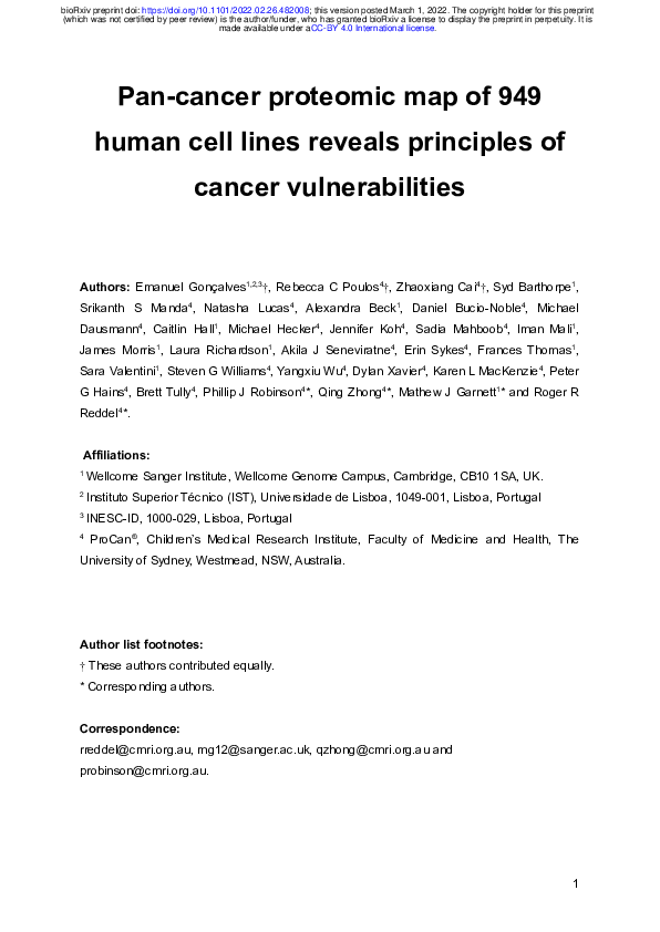 (PDF) Pan-cancer proteomic map of 949 human cell lines reveals principles of cancer vulnerabilities